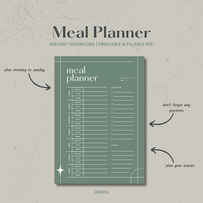 Weekly Meal Planner Printable, Daily Food Log, Digital Menu Plan ...