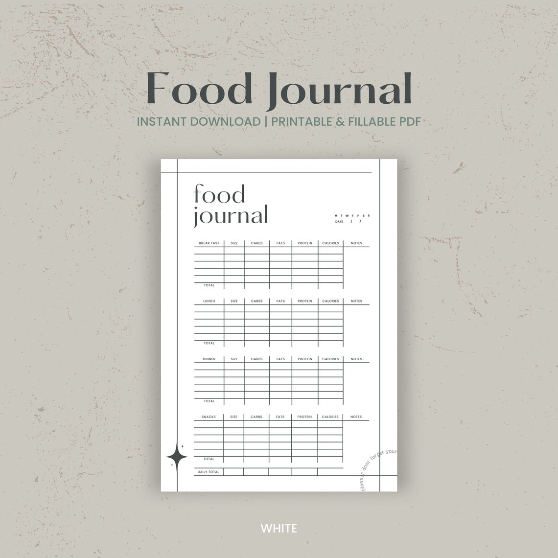 Daily Food Diary Journal, Fitness Digital Planner Template for ...