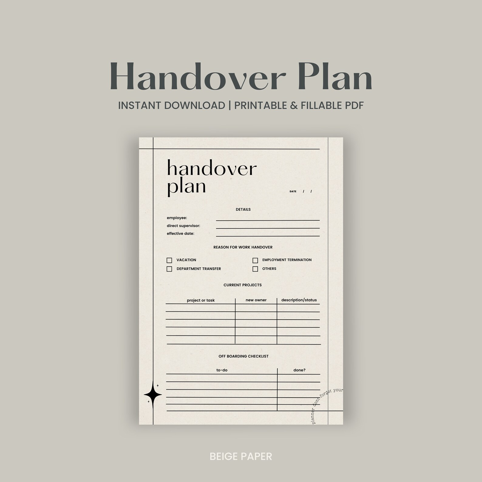 Offboarding Planner, Human Resources, Employee Handover Plan, Printable ...