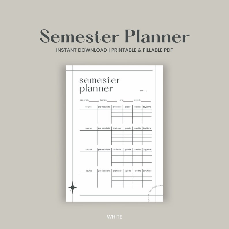 Semester Planner Printable College Semester Planner Study Planner GPA ...