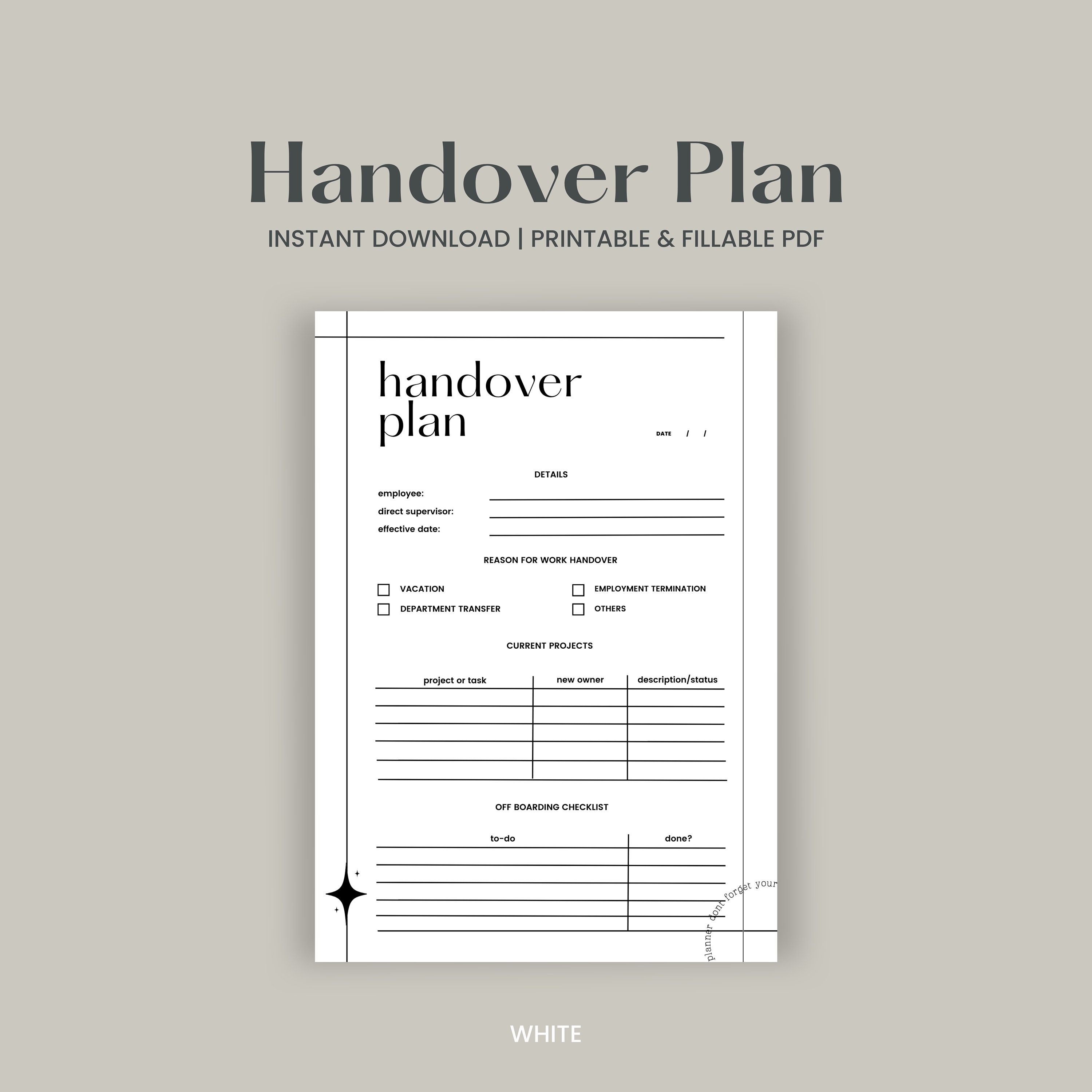 Offboarding Planner, Human Resources, Employee Handover Plan, Printable ...