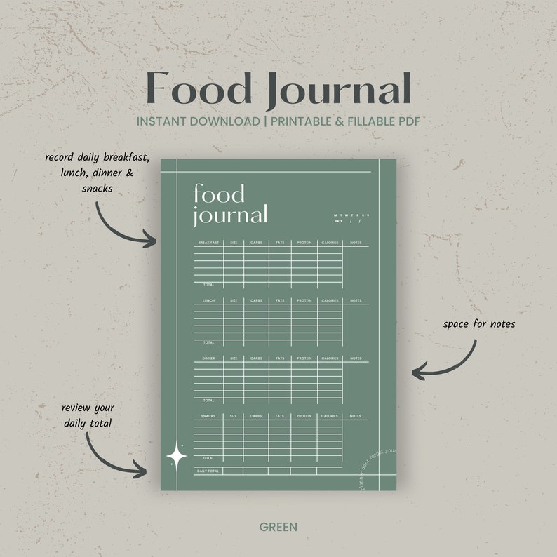 Daily Food Diary Journal, Fitness Digital Planner Template for ...