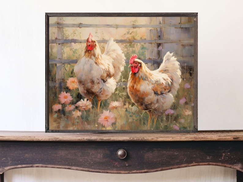 Art Print, Farmhouse Chickens, Hens Painting, Chicken Farm Decor ...