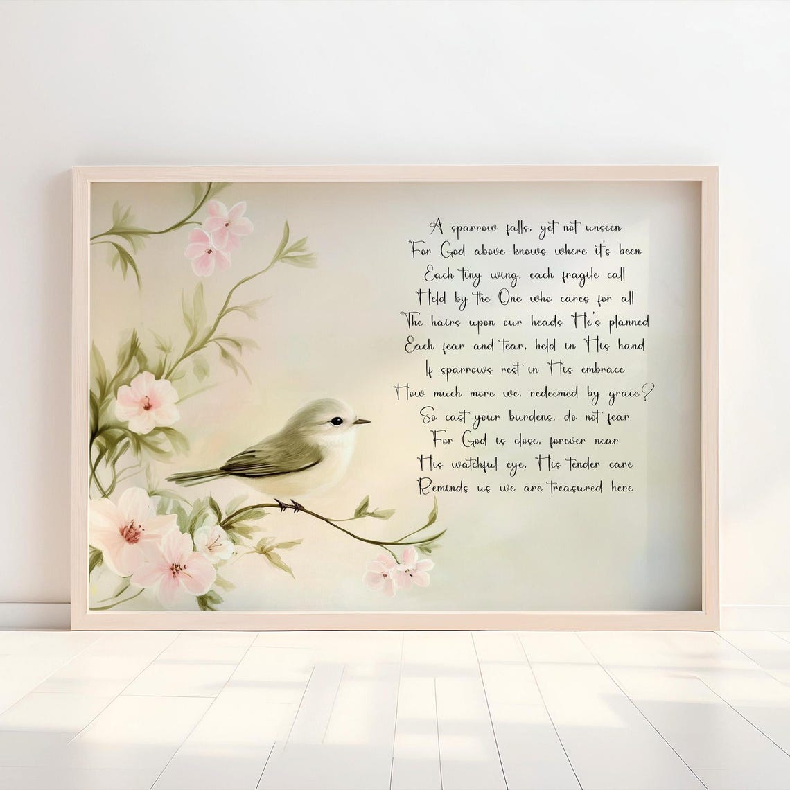 Sparrow Poem Art Print, Christian Scripture, Bird and Floral Wall Art ...