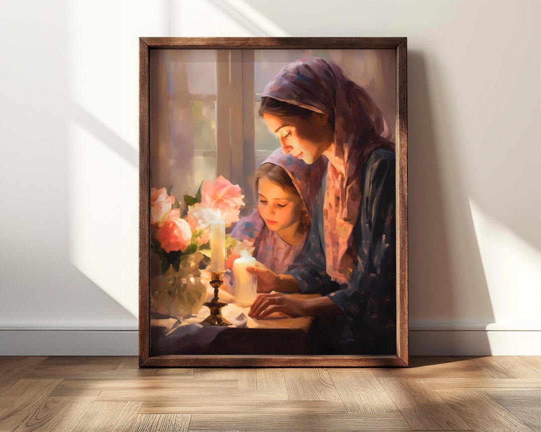 Shabbat Shalom Art Print: Mother & Daughter Lighting Candles (digital ...