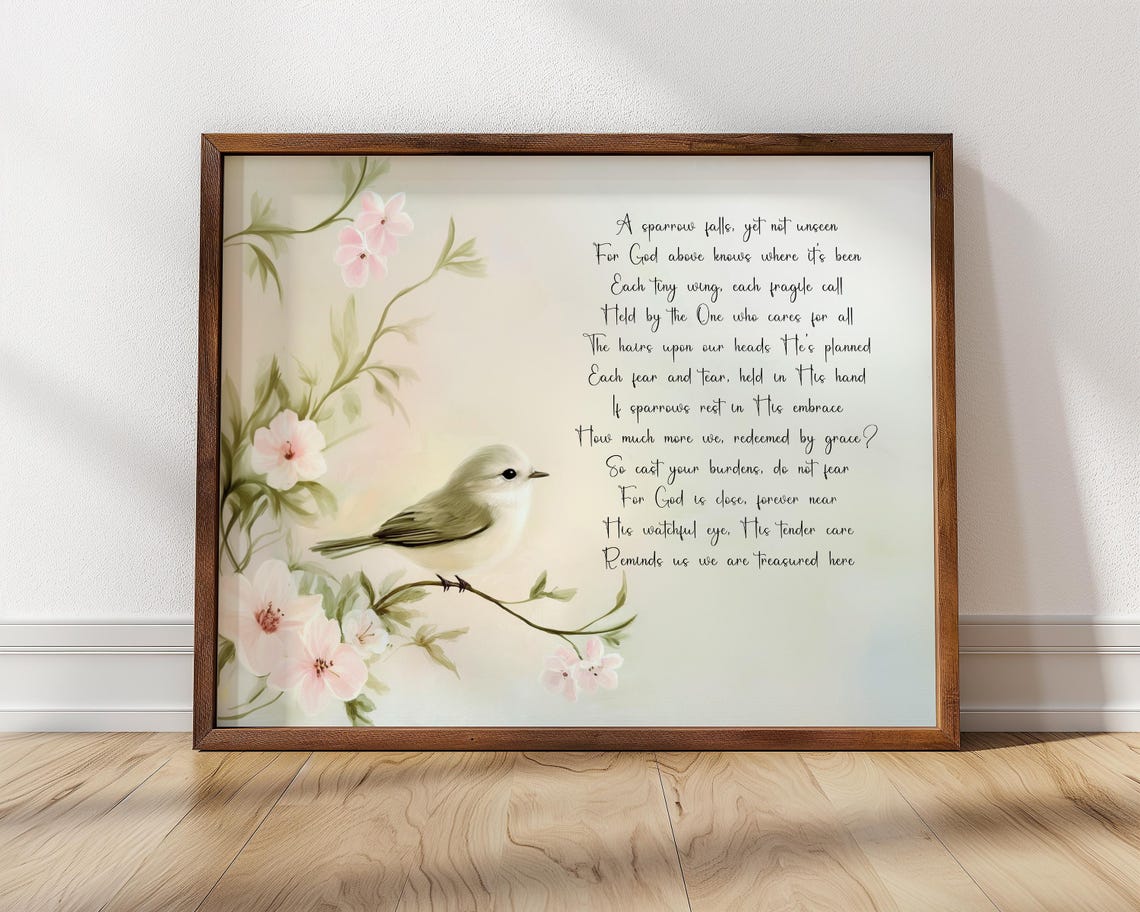 Sparrow Poem Art Print, Christian Scripture, Bird and Floral Wall Art ...