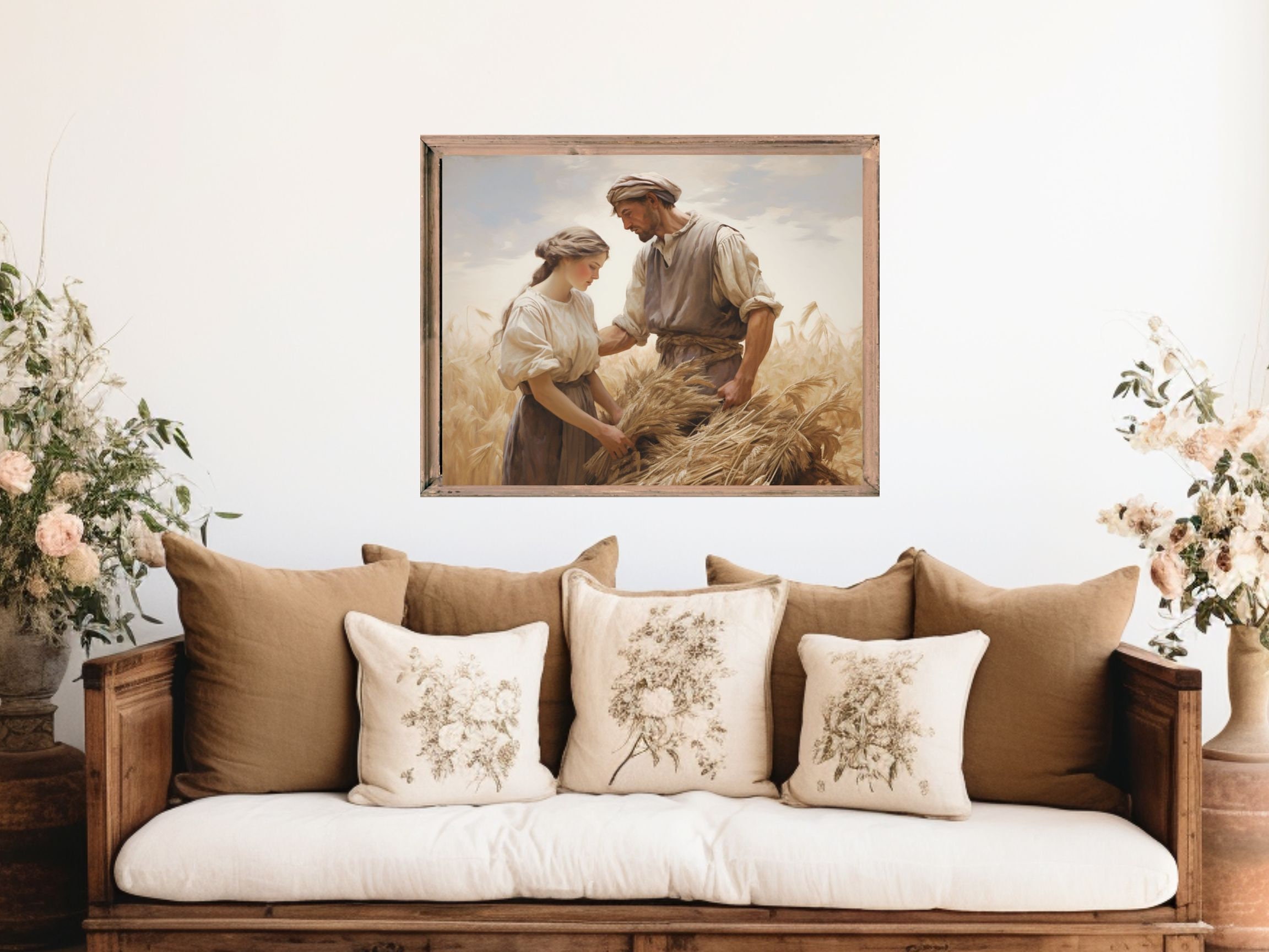 Harvest of Love Romantic Harvest Painting, Harvesting Wheat Wall Art ...