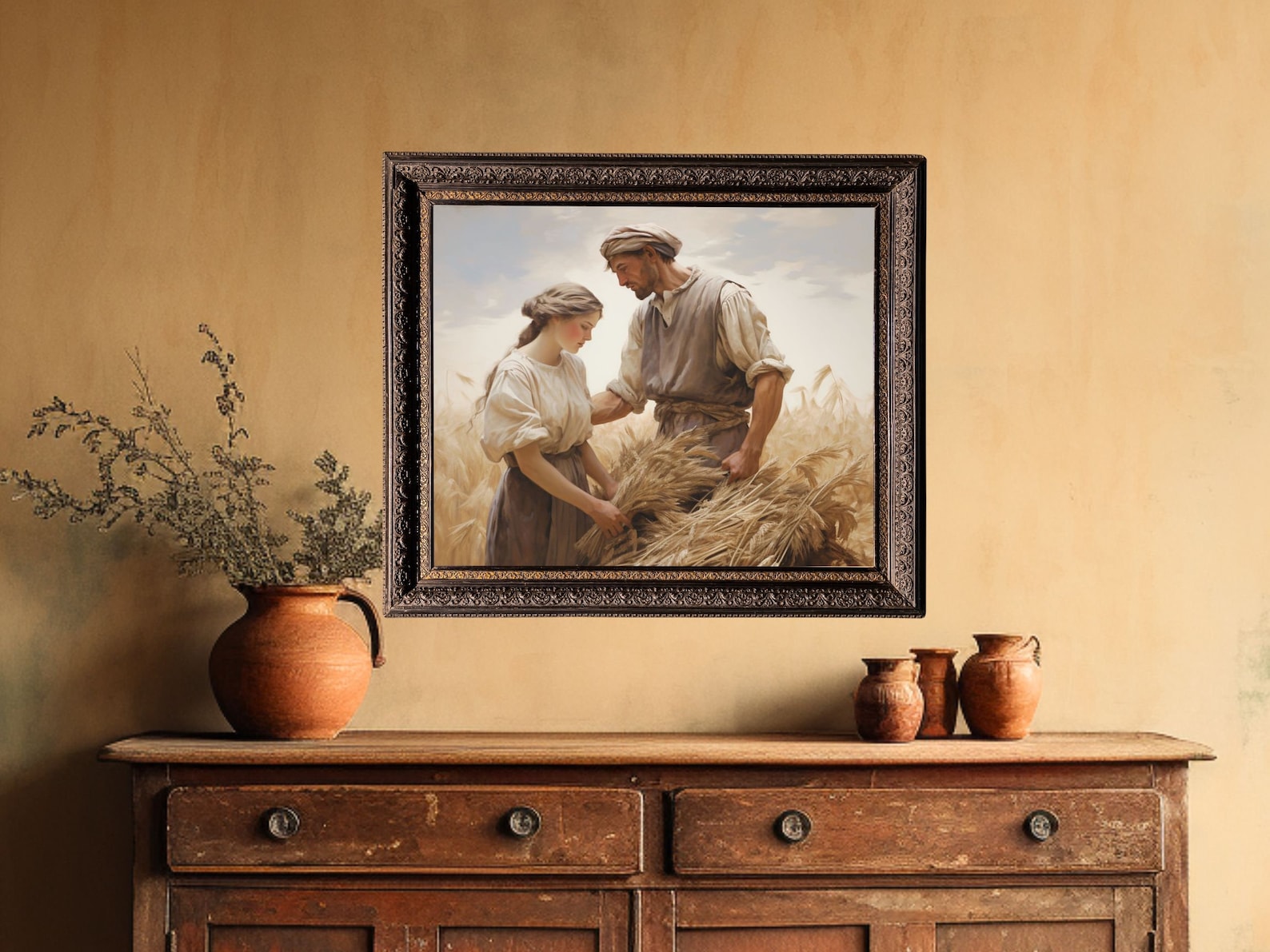 Harvest of Love Romantic Harvest Painting, Harvesting Wheat Wall Art ...