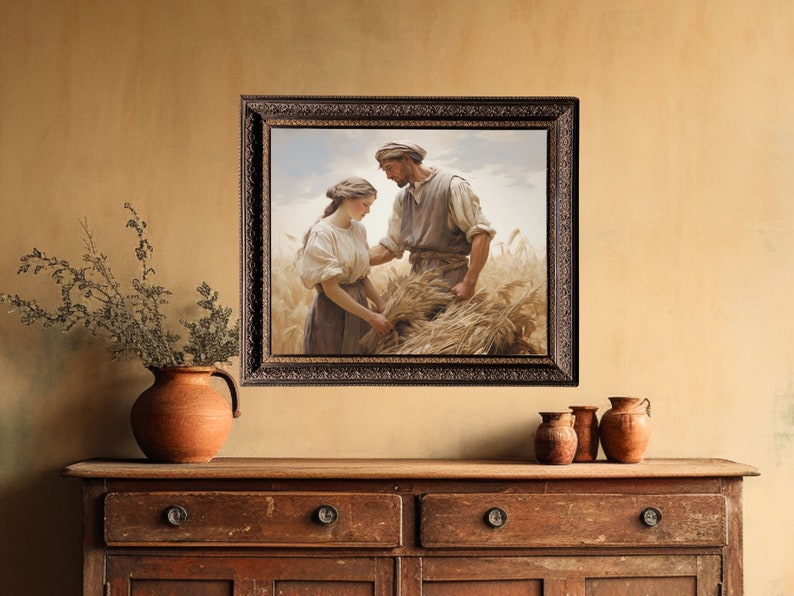 Harvest of Love Romantic Harvest Painting, Harvesting Wheat Wall Art ...