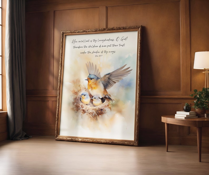 Birds Art Print, Psalm 36:7, Scripture Christian Wall Art, Bird Nest ...