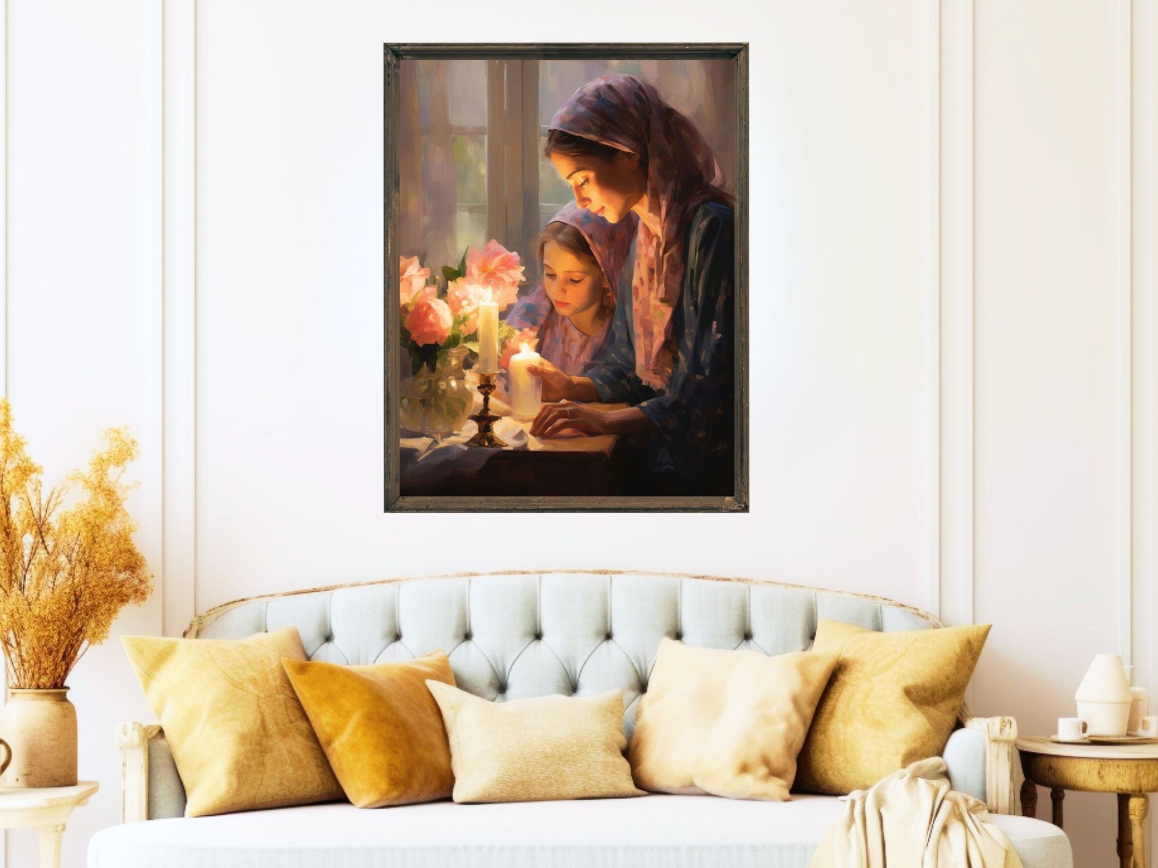 Sabbath Embrace, Shabbat Wall Art, Mother and Daughter Lighting Sabbath ...