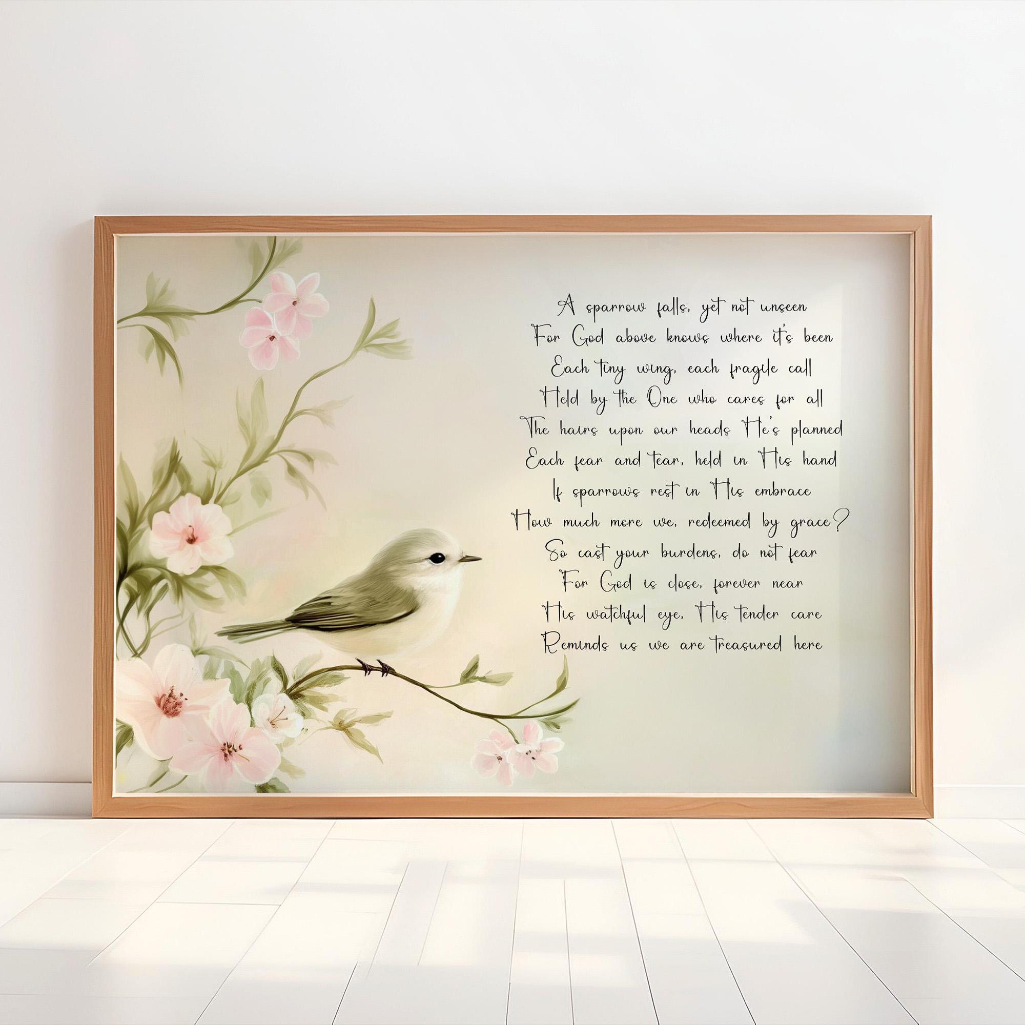 Sparrow Poem Art Print, Christian Scripture, Bird and Floral Wall Art ...