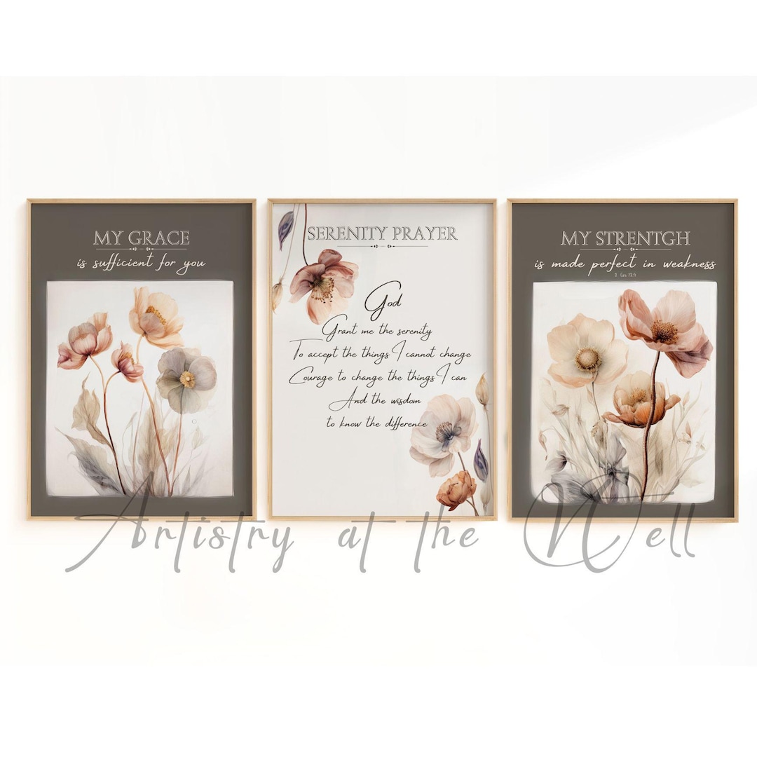 Floral Scripture Art Print Set: Serenity Prayer, Christian Wall Decor ...