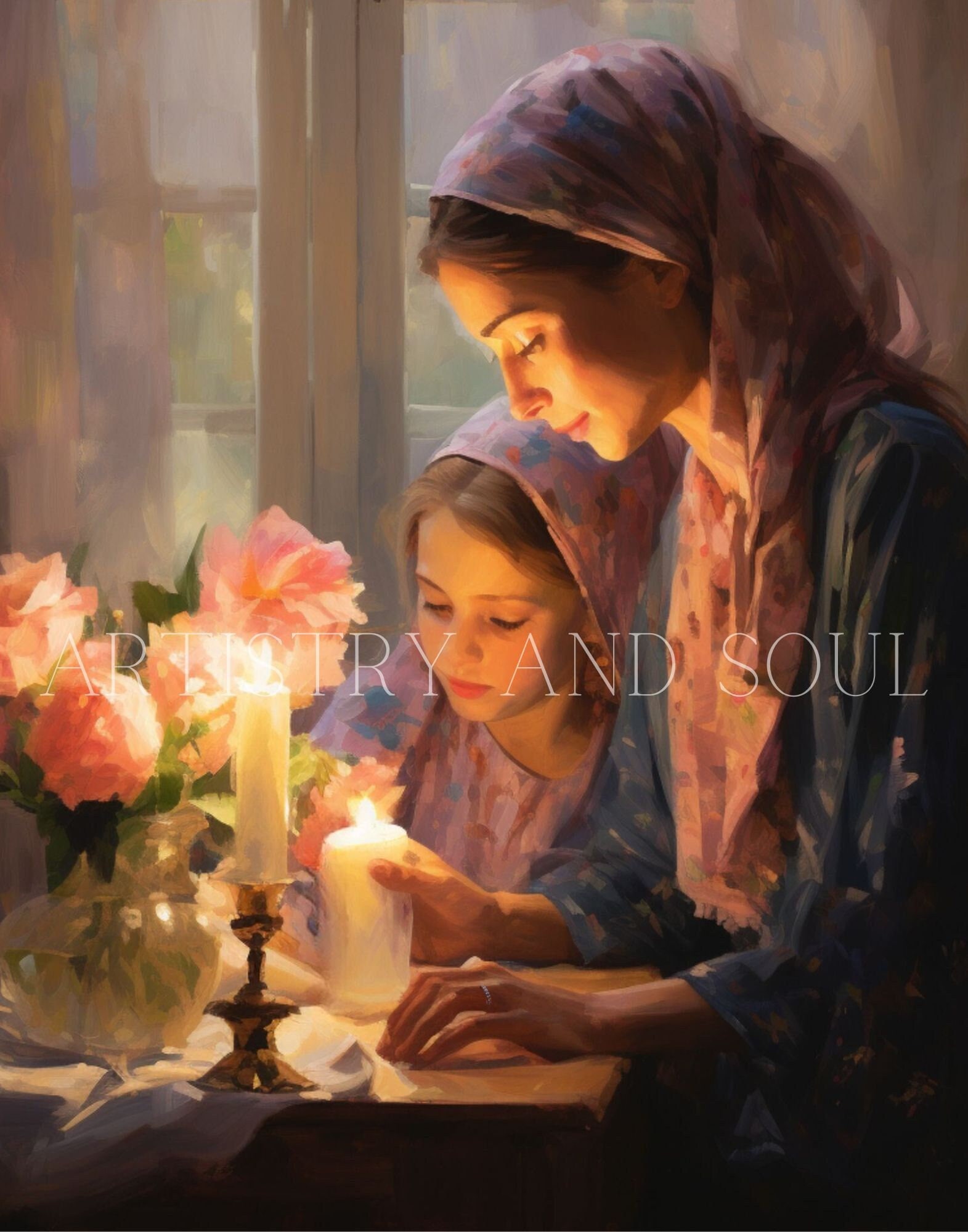 Sabbath Embrace, Shabbat Wall Art, Mother and Daughter Lighting Sabbath ...