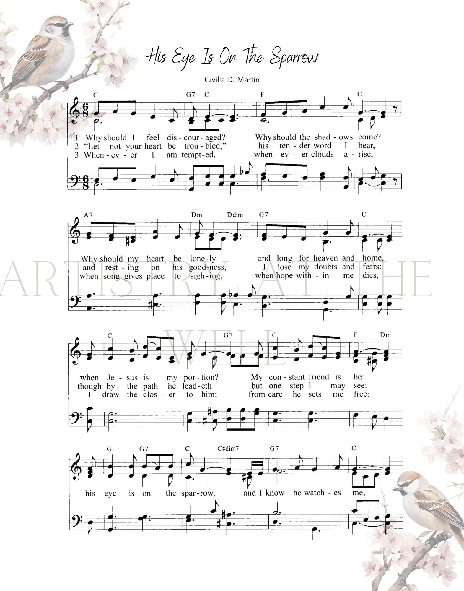 His Eye is on the Sparrow Hymn, Hymn Download, Hymn Printable, Christian Printable, Christian ...