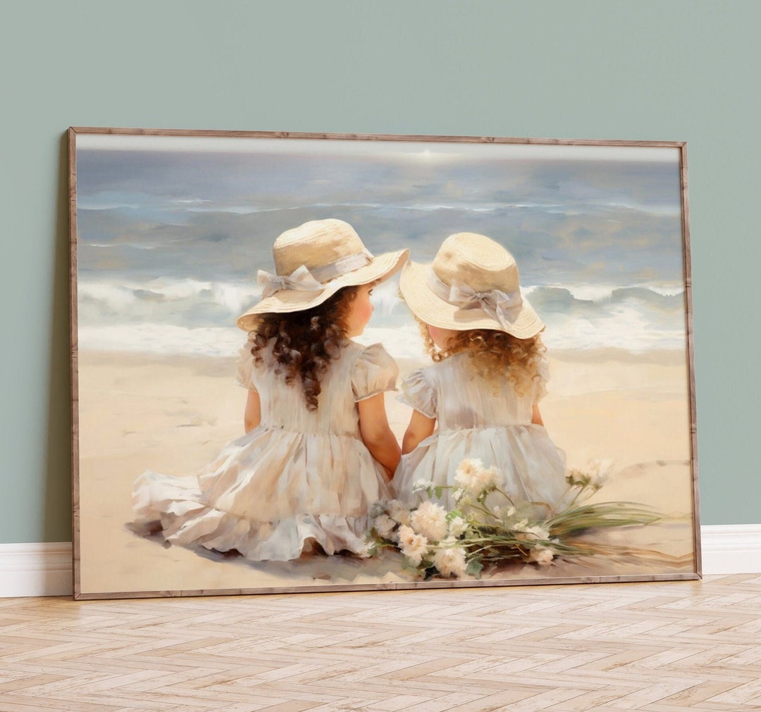 Art Print, Girls on Beach, Vintage Styled Childrens Beach Print ...