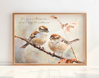 His Eye is on the Sparrow Watercolour Bird Print, Two Sparrows and ...