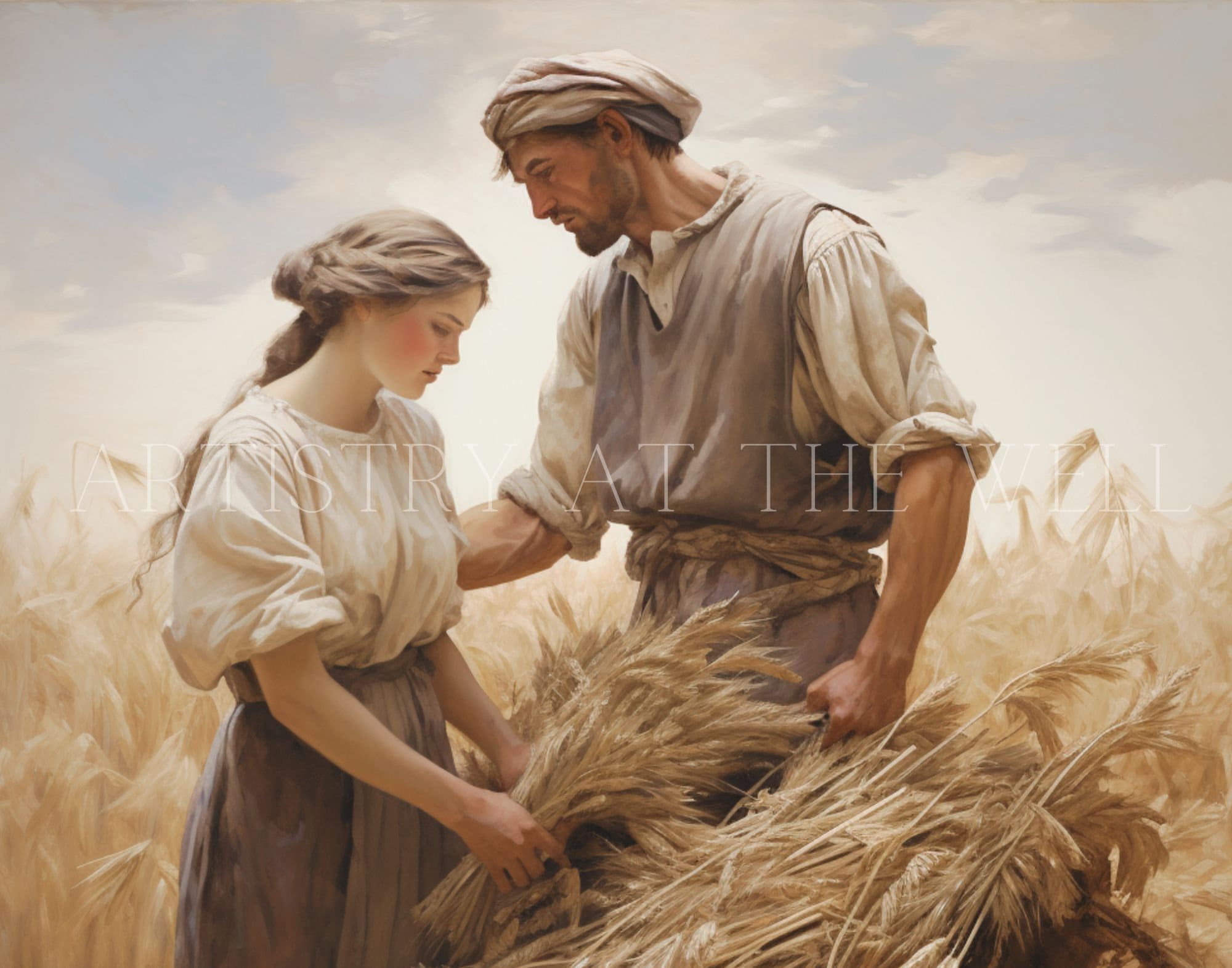 Harvest of Love Romantic Harvest Painting, Harvesting Wheat Wall Art ...