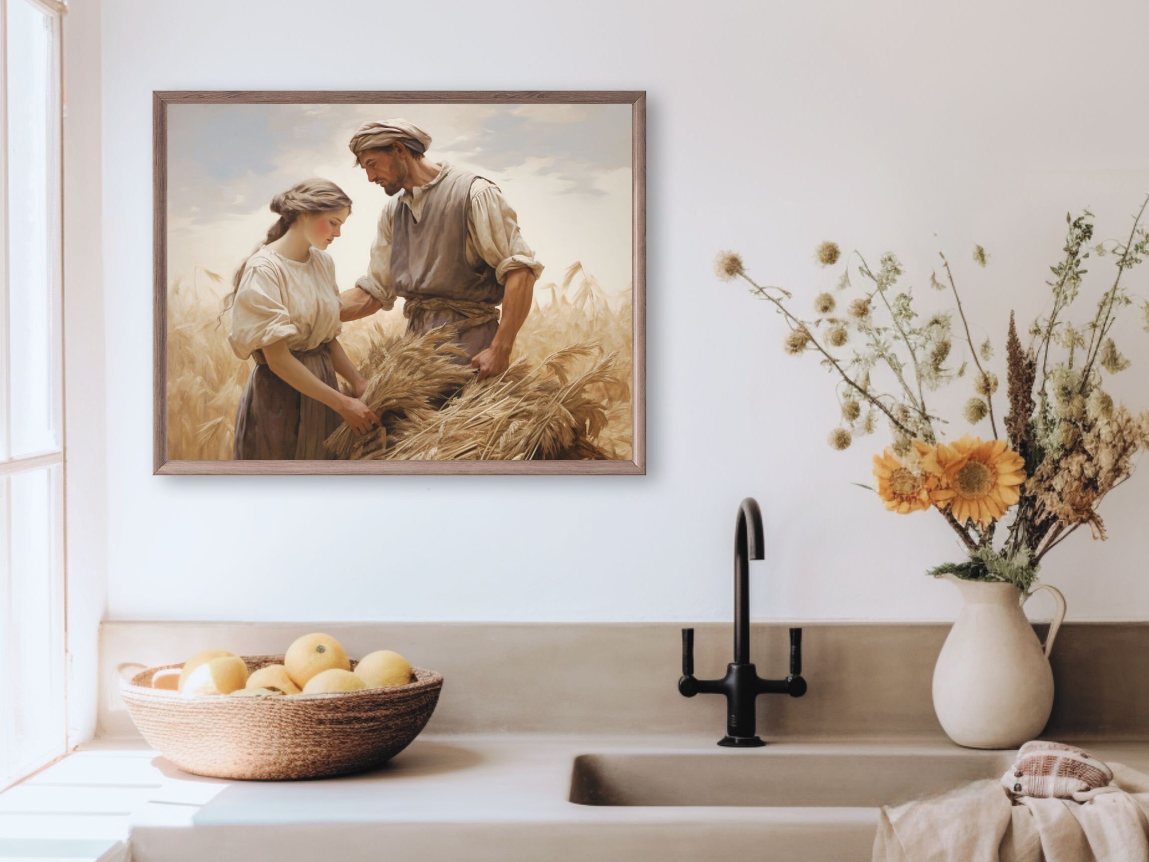 Harvest of Love Romantic Harvest Painting, Harvesting Wheat Wall Art ...
