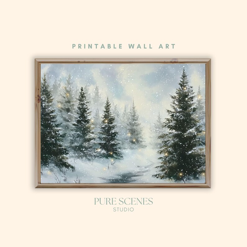 Snowy Evergreen Forest Nature Printable Wall Art, Rustic Landscape ...