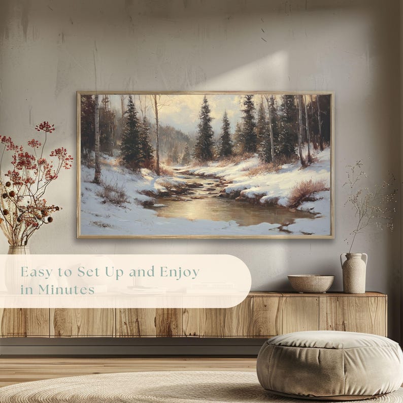 Winter Stream Frame TV Art Snowy Forest Landscape Painting Rustic ...