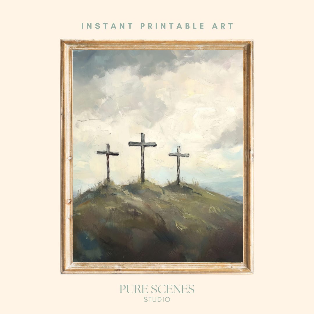 Three Crosses Christian Wall Art, Vertical Muted Hilltop Painting ...