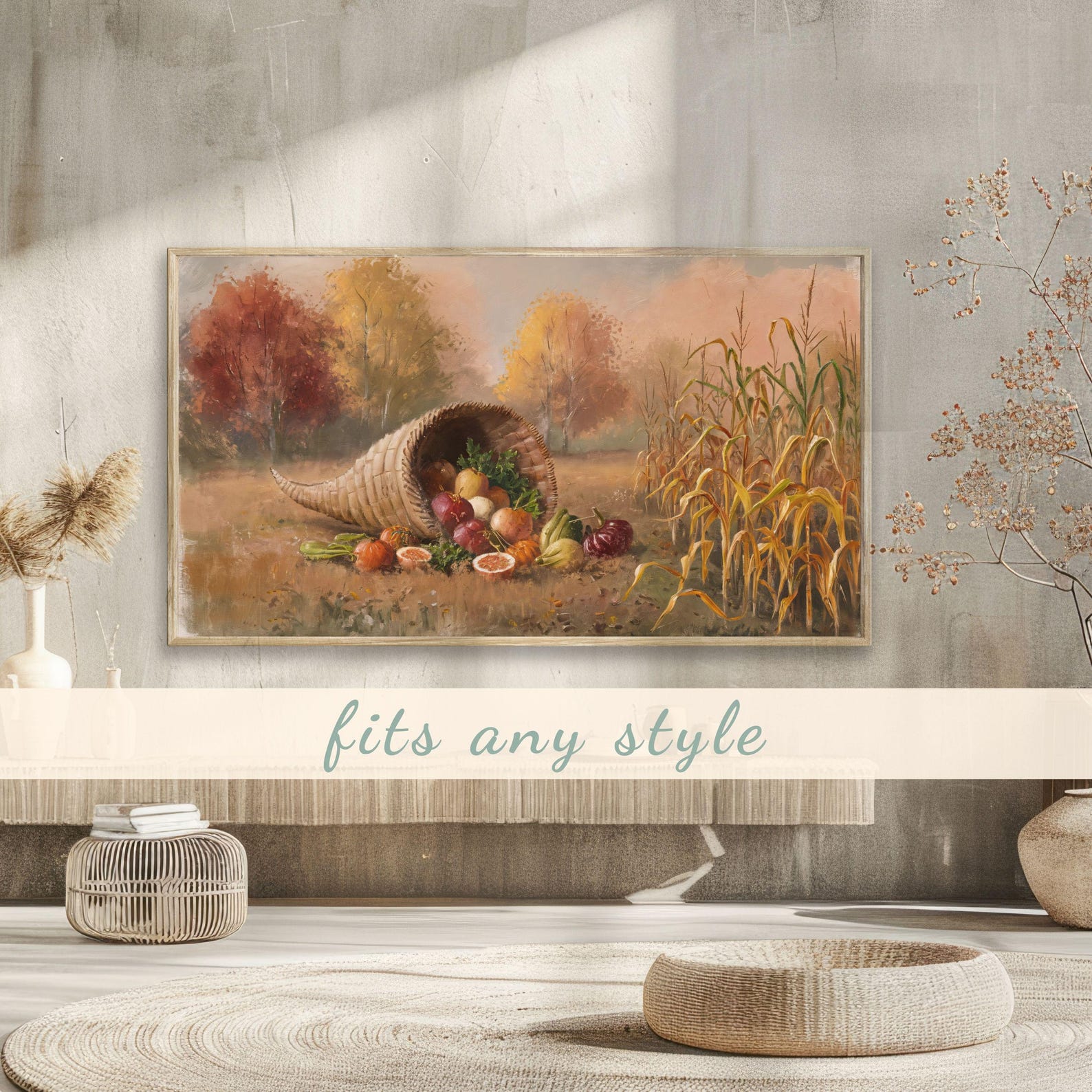 Fall Frame TV Art, Rustic Cornucopia, Autumn Harvest, Golden Cornfield ...
