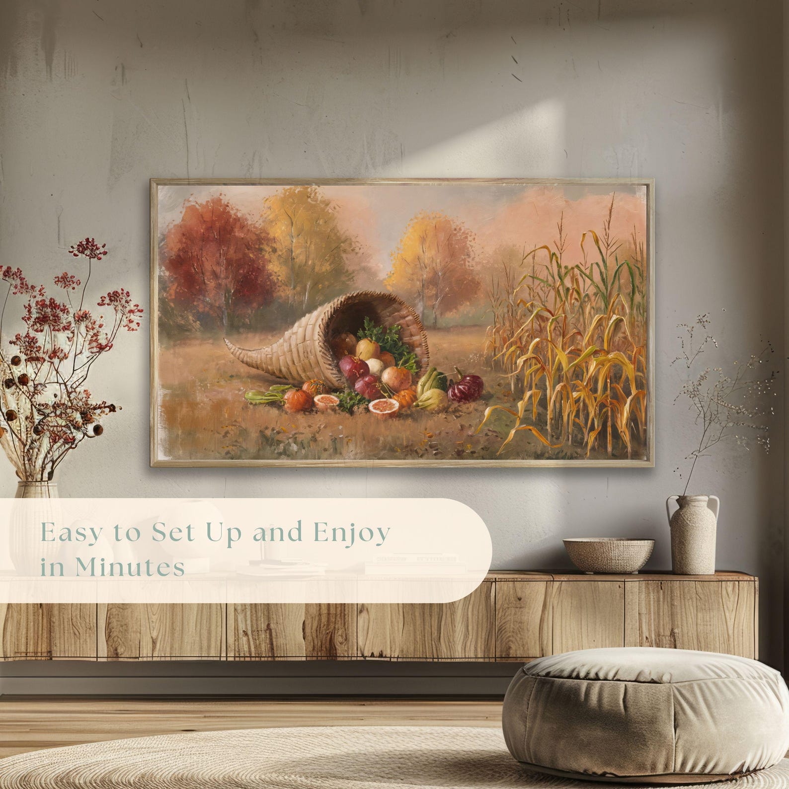 Fall Frame TV Art, Rustic Cornucopia, Autumn Harvest, Golden Cornfield ...