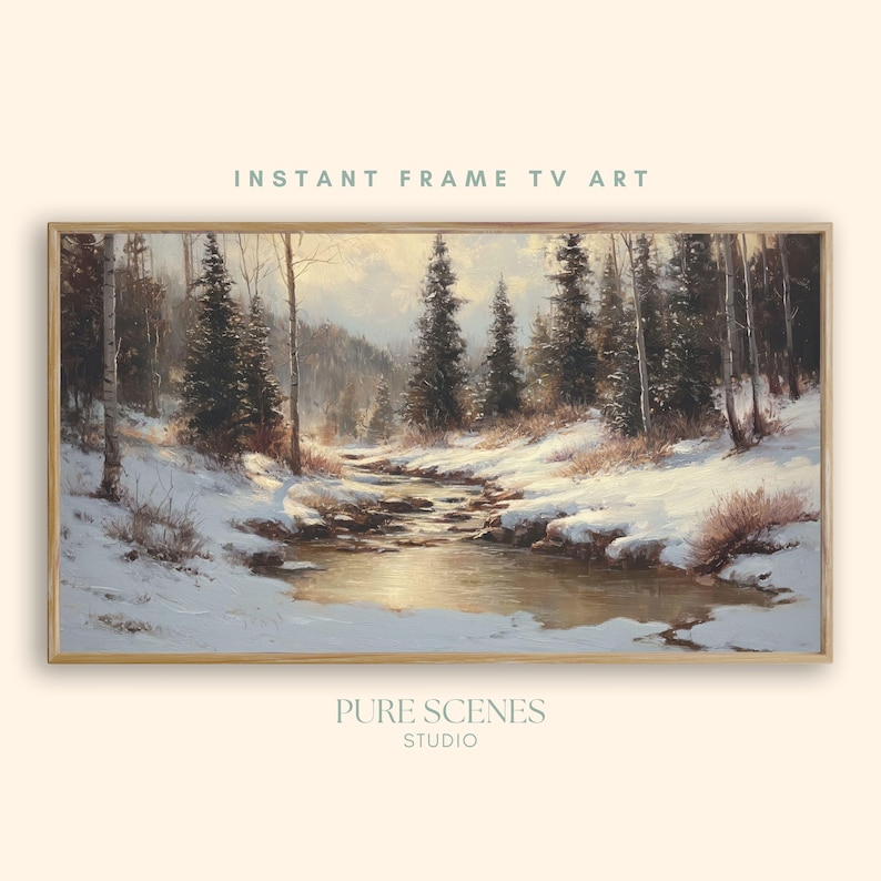 Winter Stream Frame TV Art Snowy Forest Landscape Painting Rustic ...