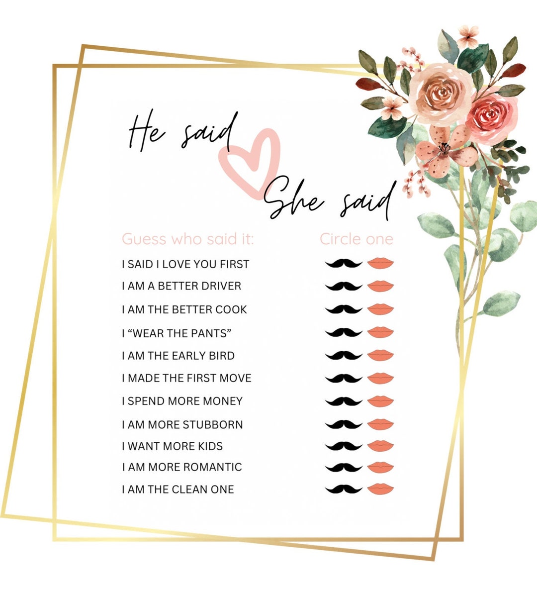 He Said She Said Game, Bridal Shower Game, Printable He Said She Said ...