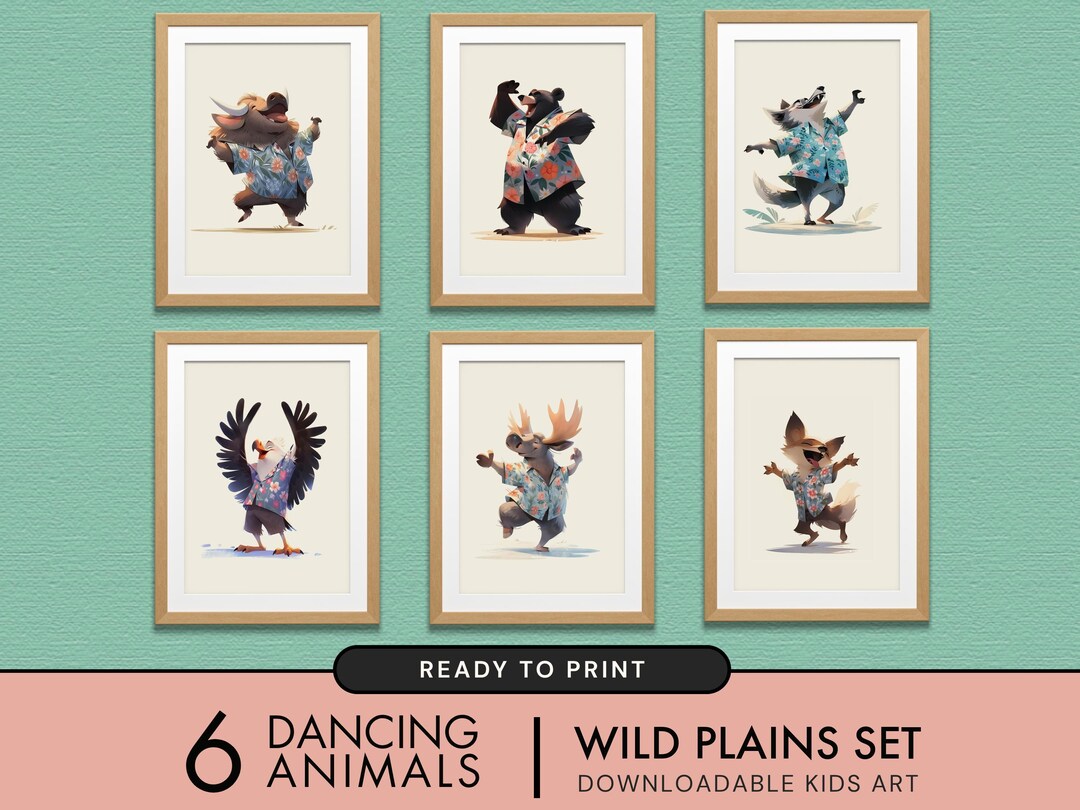 Dancing Safari Animals Prints: Playful Nursery Wall Art (digital ...