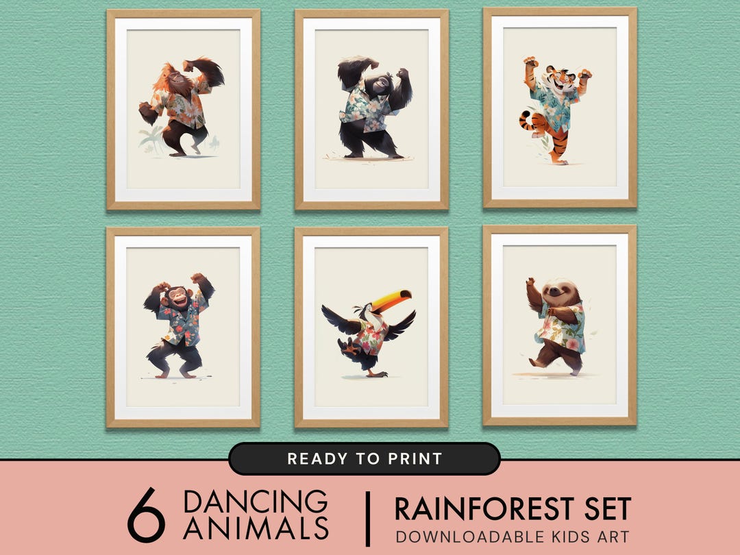 Dancing Rainforest Animals - Set of 6 Printable Wall Art for Nursery or ...