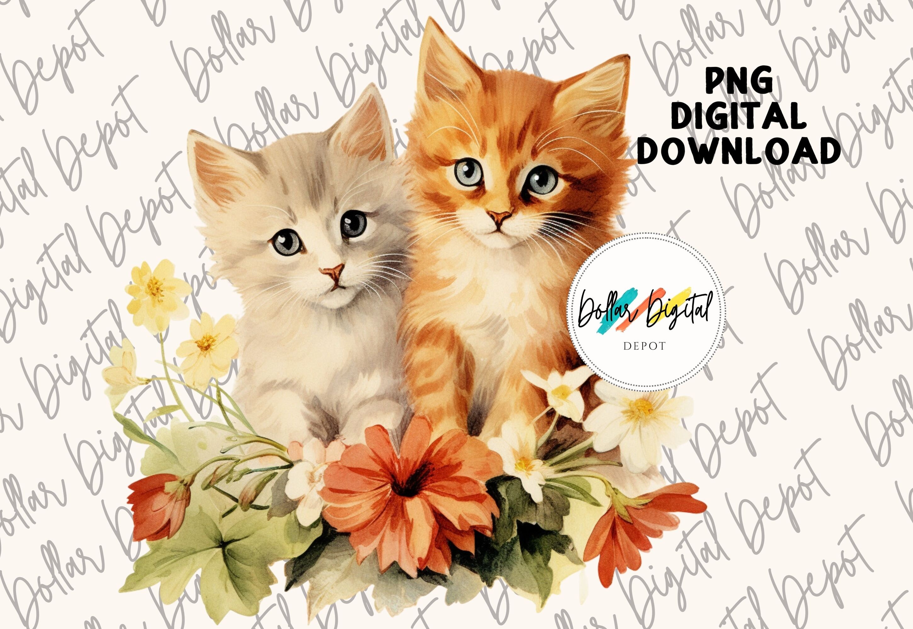 Vintage Watercolor Kittens With Flowers DIGITAL DOWNLOAD PNG Instant ...