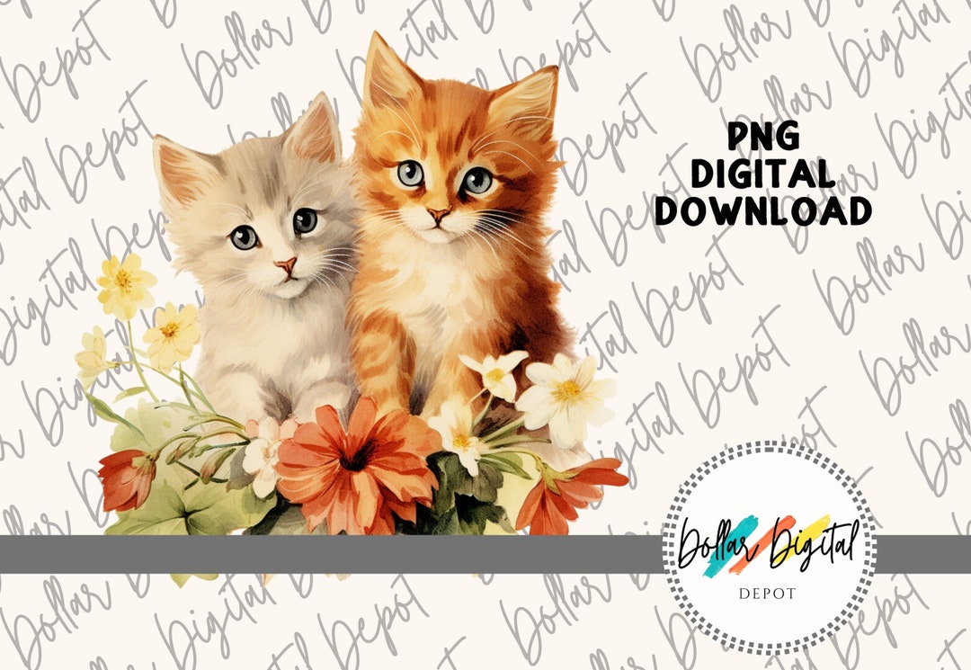 Vintage Watercolor Kittens With Flowers DIGITAL DOWNLOAD PNG Instant ...
