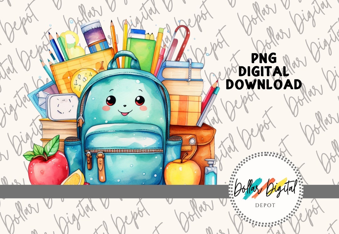 Back to School Kawaii Backpack DIGITAL DOWNLOAD PNG, School Supplies ...