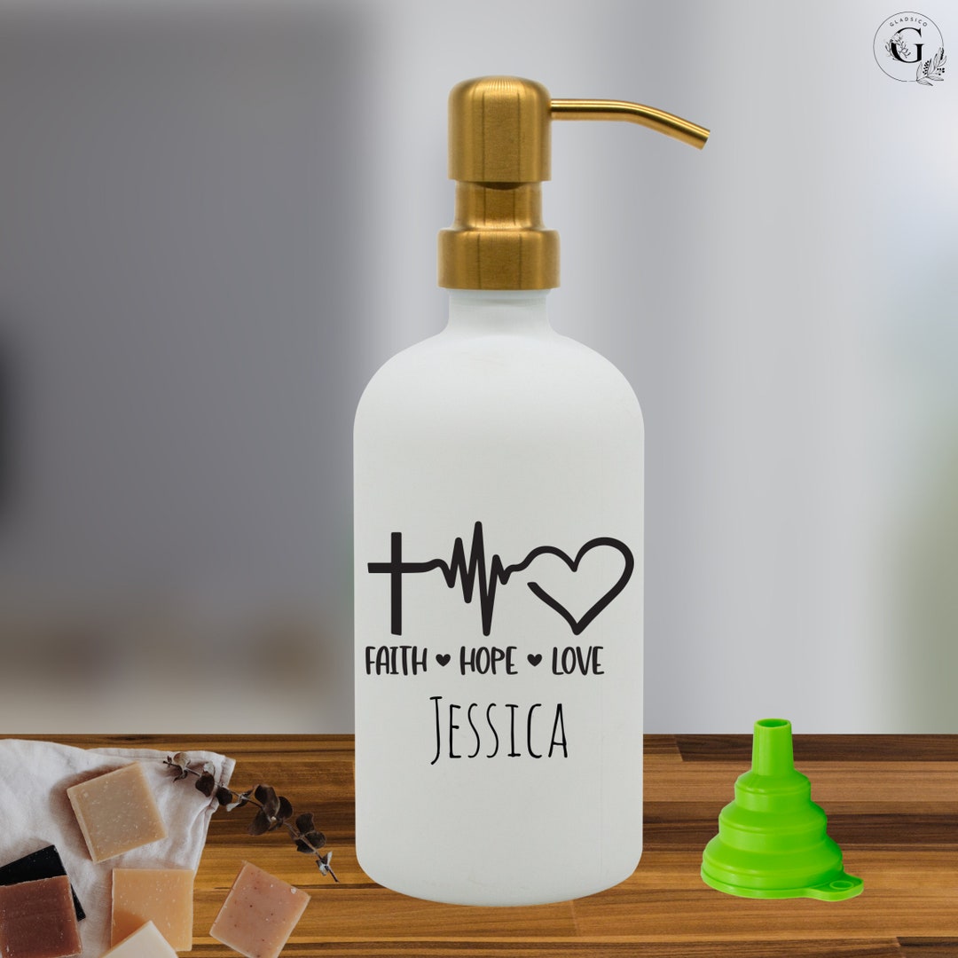 Custom Faith Hope Love on Glass Soap Bottle - Floral Heart Christian ...