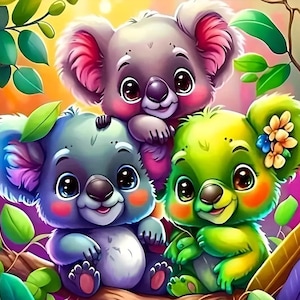 Colorful Koalas, 3 Happy Koalas, Instant PDF Download, Full Coverage ...