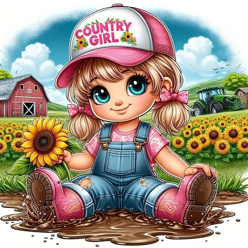 Country Girl Sitting in a Puddle, Country Girl With Sunflower Field ...
