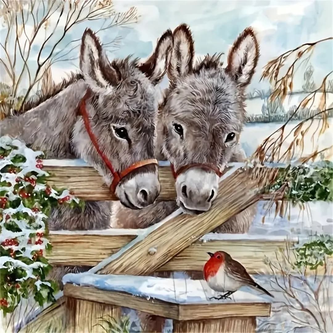 2 Donkeys With Red Breasted Bird in Winter Scenery, Instant PDF ...