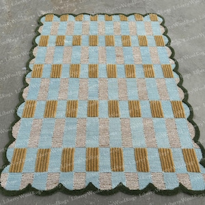 Scallop Blue & Green Tufted Wool Area Rug, Entryway Rug, Carpet for ...