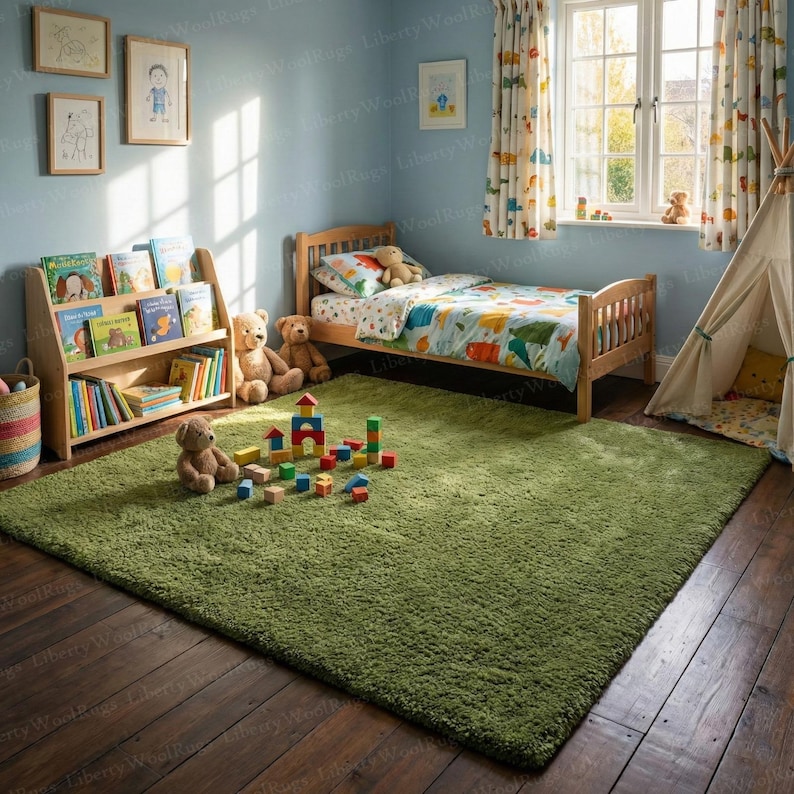 Sage Green Moss Shag Rug, Soft Forest Handmade Wool Area Rug for ...