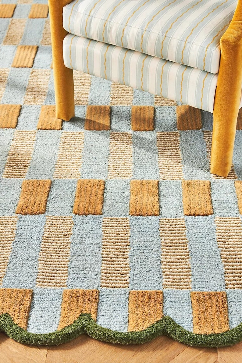 Scallop Blue & Green Tufted Wool Area Rug, Entryway Rug, Carpet for ...