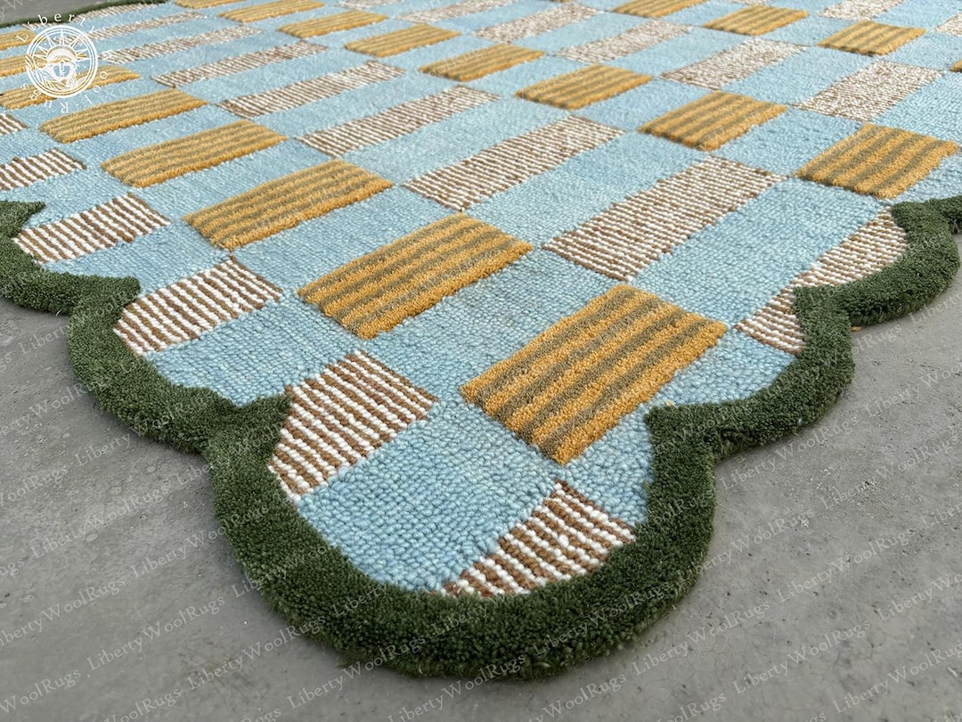 Scallop Blue & Green Tufted Wool Area Rug, Entryway Rug, Carpet for ...
