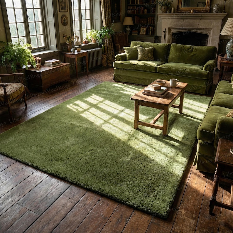 Sage Green Moss Shag Rug, Soft Forest Handmade Wool Area Rug for ...