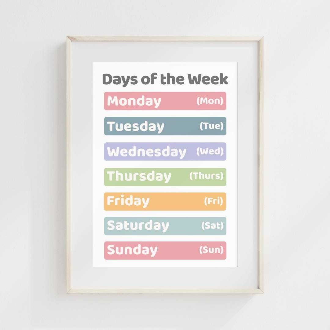 Bright Days of the Week Printable Poster- A1/A2/A3/A4 Digital Poster ...
