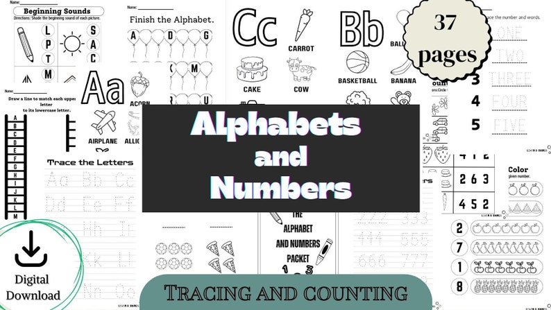 Alphabet and Numbers Tracing and Counting Activity Worksheets - Etsy