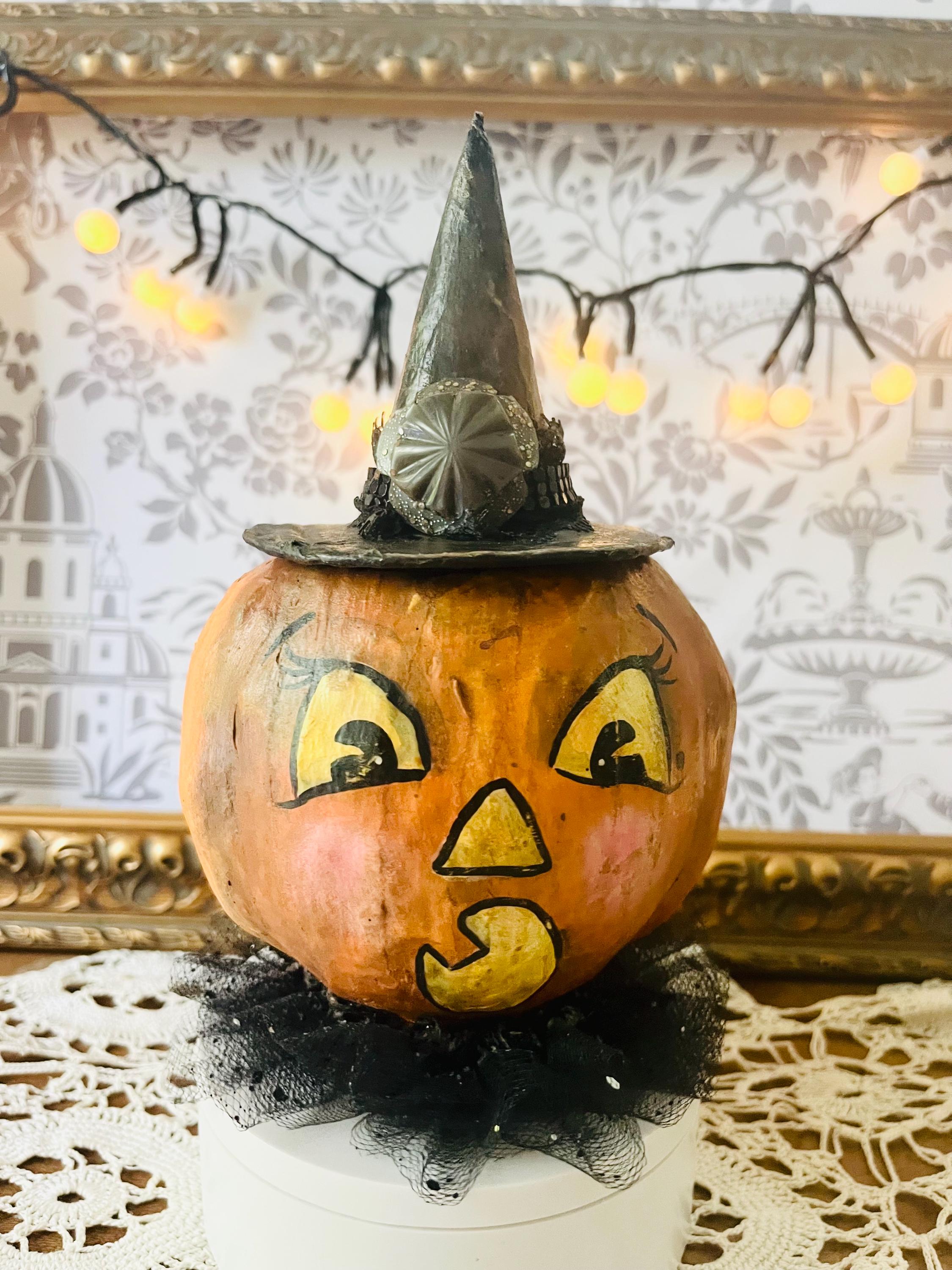 Edna -pumpkin Witch With Hat Top, Small Paper Mache Container OOAK - Etsy