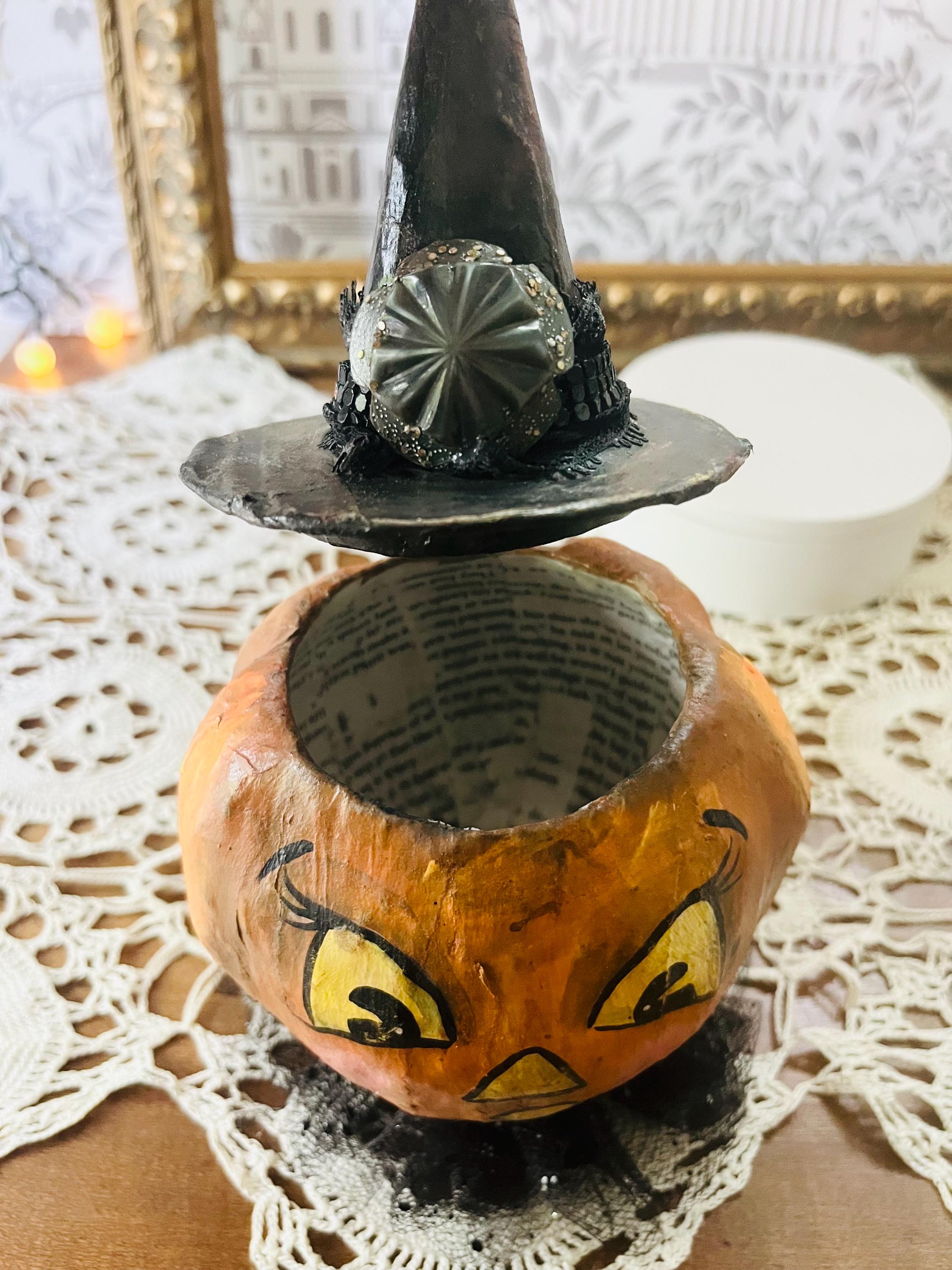 Edna -pumpkin Witch With Hat Top, Small Paper Mache Container OOAK - Etsy