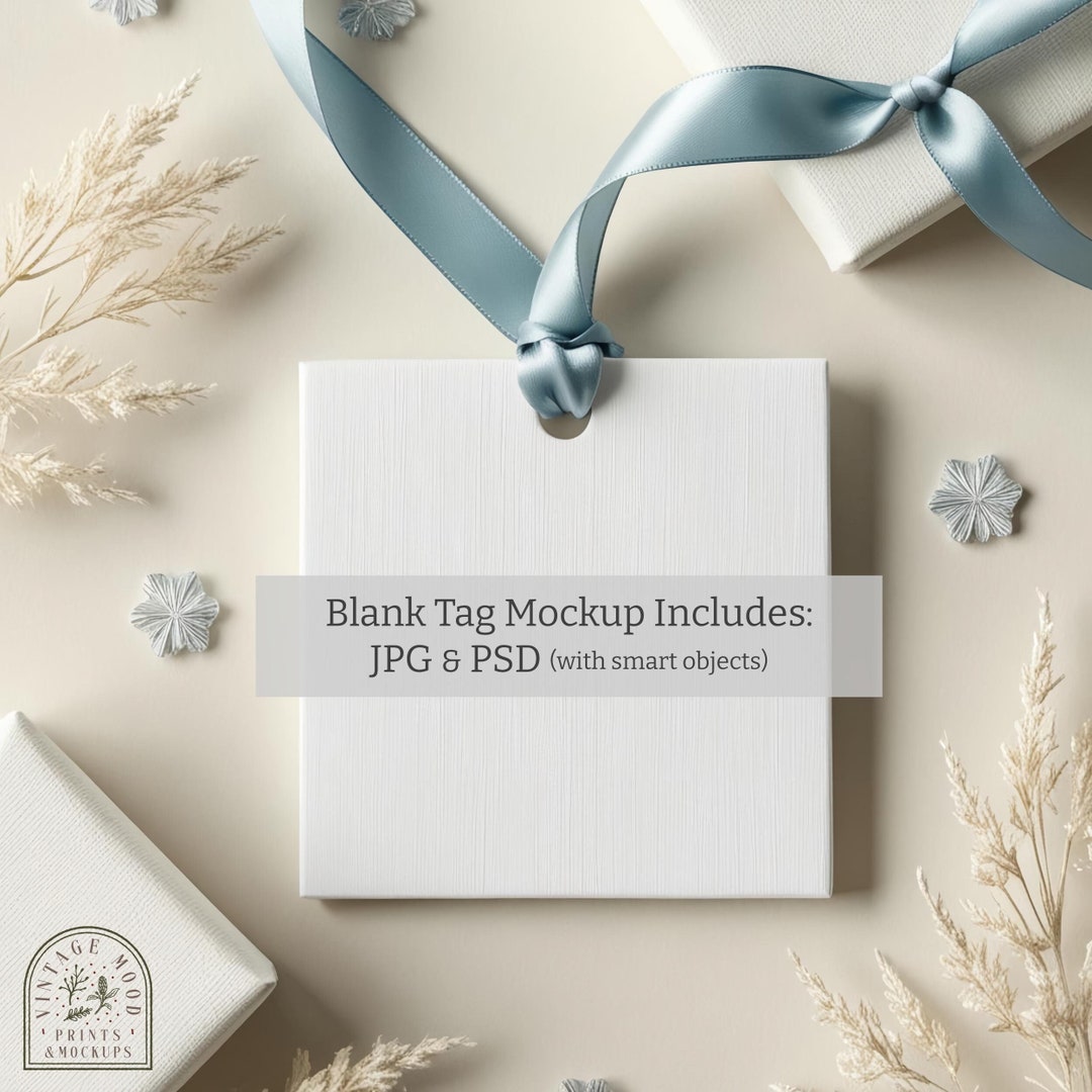 Square Tag Mockup With Baby Blue Satin Ribbon, Party Favor Stickers ...
