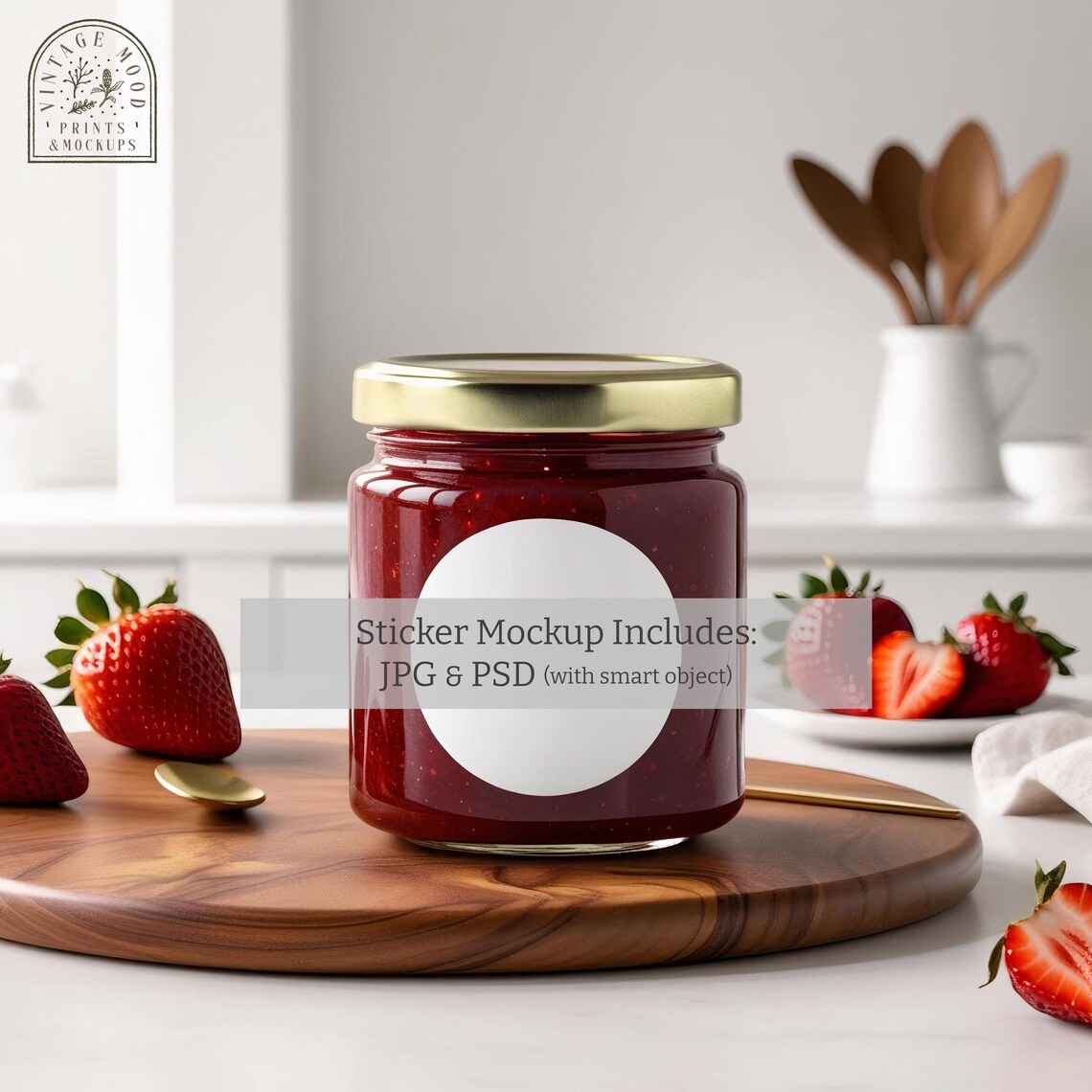 Round Sticker Mockup on a Clear Glass Jar of Strawberry Jam, Label ...